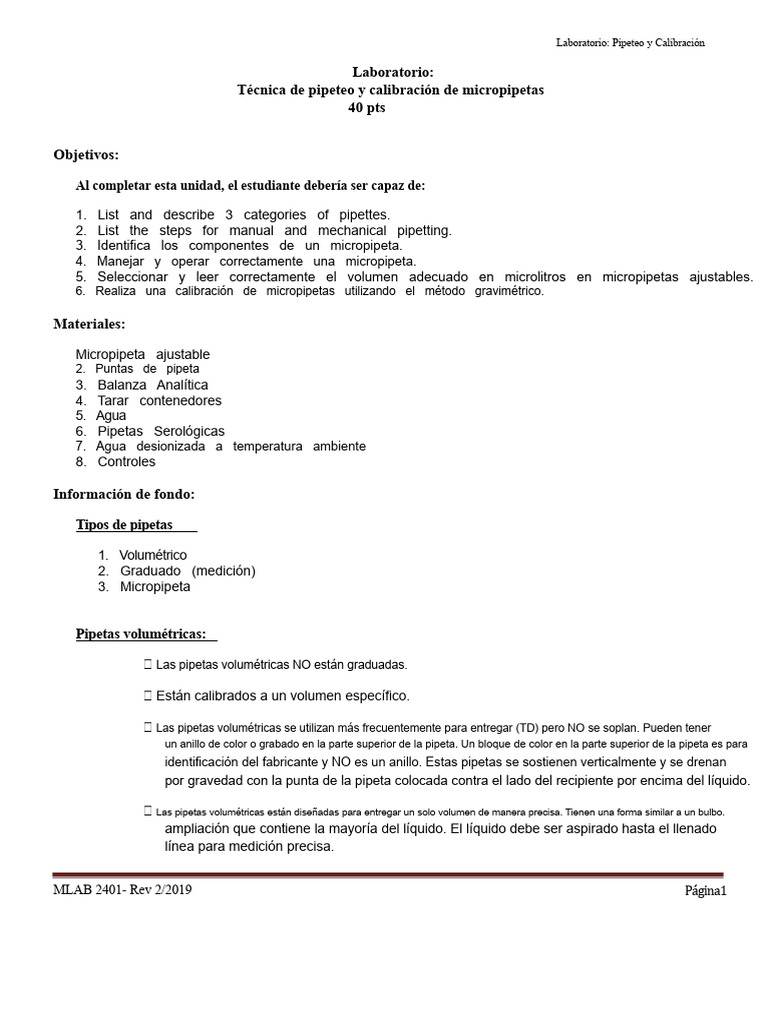 Laboratorio 02 - Técnica de Pipeteo y Calibración de Micropipetas | PDF ...