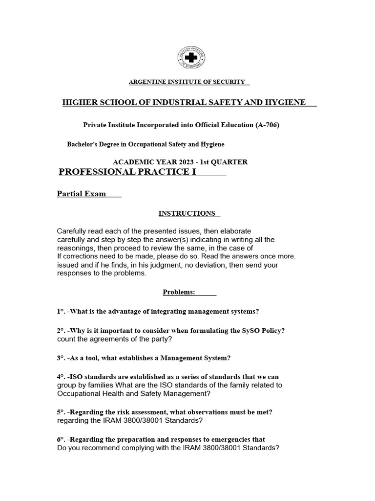 Partial Exam Professional Practicum I Clutet | PDF | Occupational Safety And Health | Safety