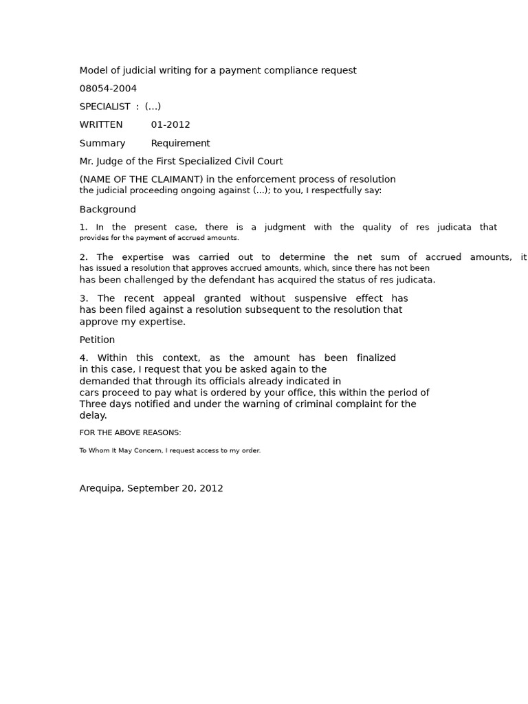 Judicial Writing Model for Payment Request | PDF