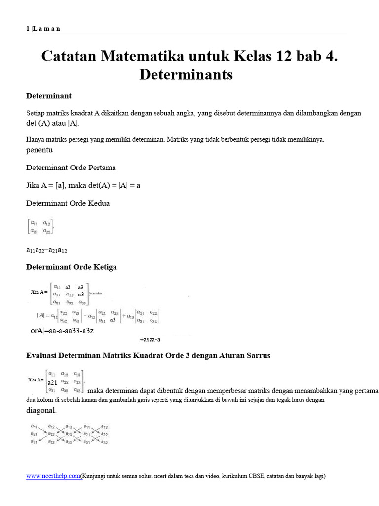 Catatan Dan Rumus Matematika Untuk Kelas 12 Bab 4. Determinan | PDF