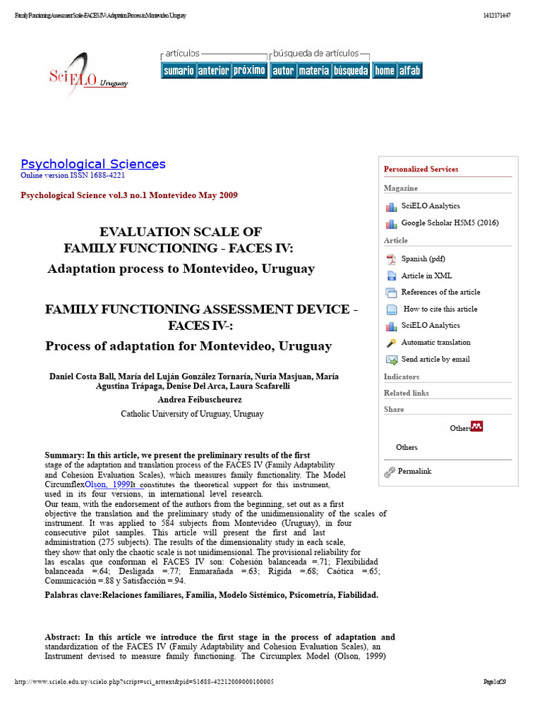 Family Functioning Evaluation Scale - FACES IV-: Adaptation Process To ...