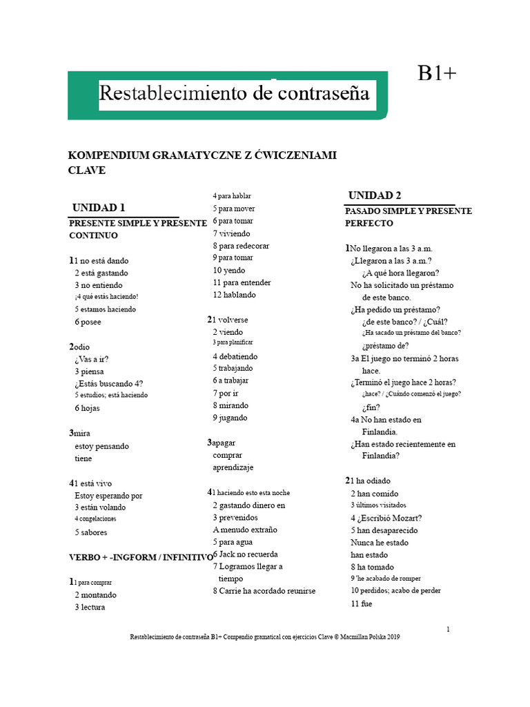 Restablecimiento de Contraseña B1 Kompendium Gramatyczne Z Ćwiczeniami Klucz | PDF