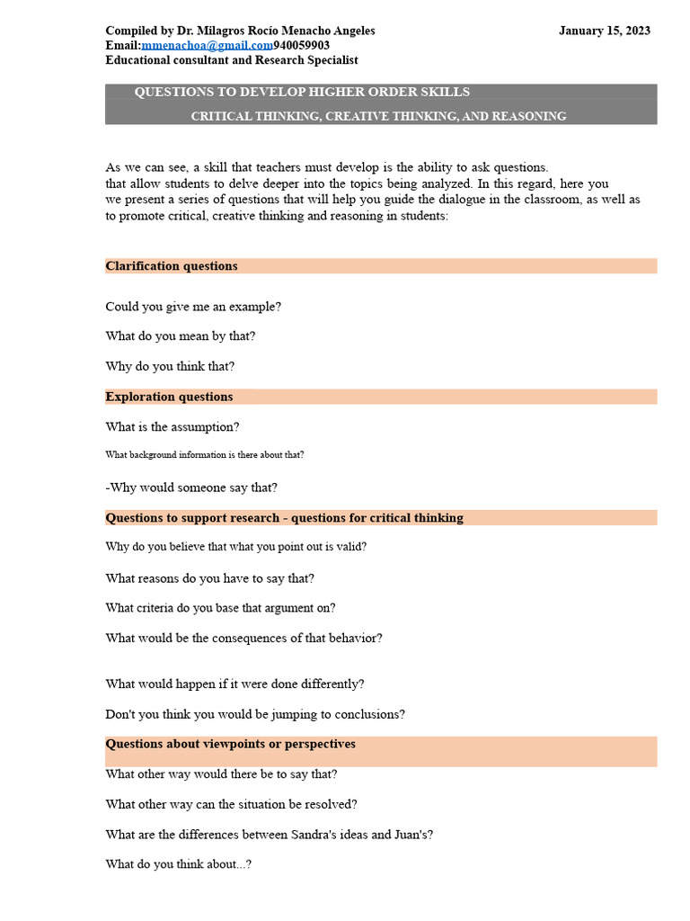 Questions To Promote Critical Thinking | PDF | Critical Thinking | Thought