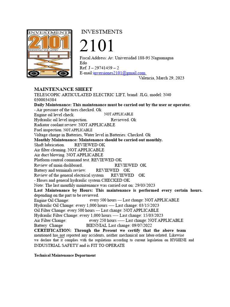 JLG N40 Maintenance | PDF