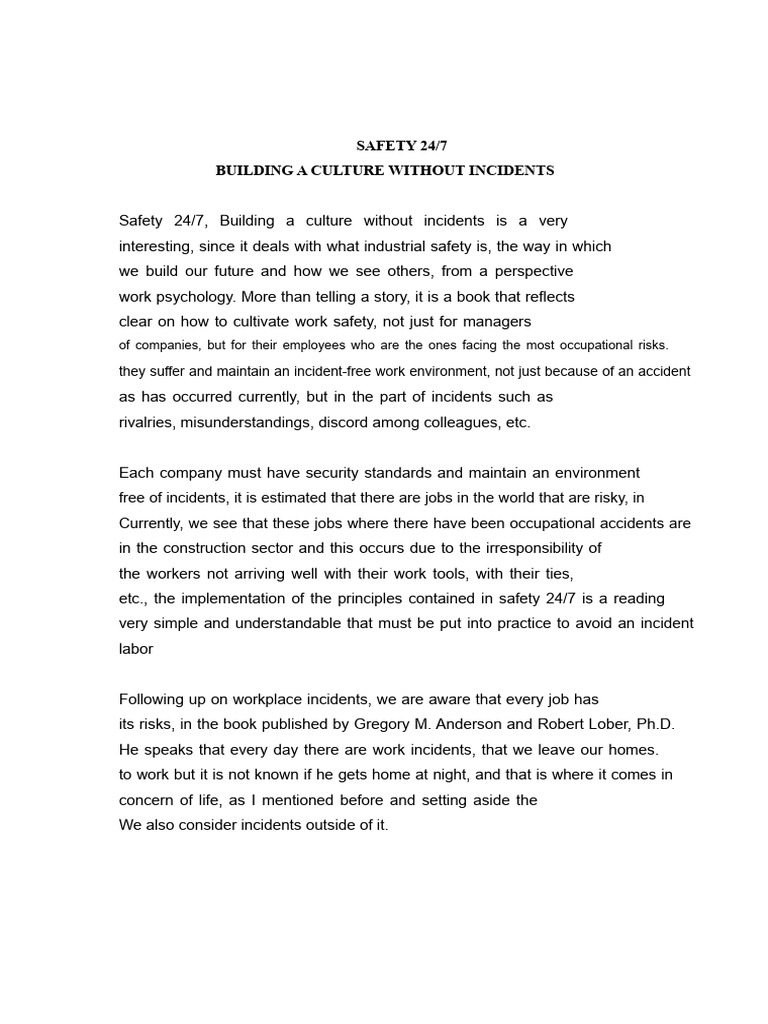 Safety 24/7: Cultivating Incident-Free Culture | PDF | Occupational ...