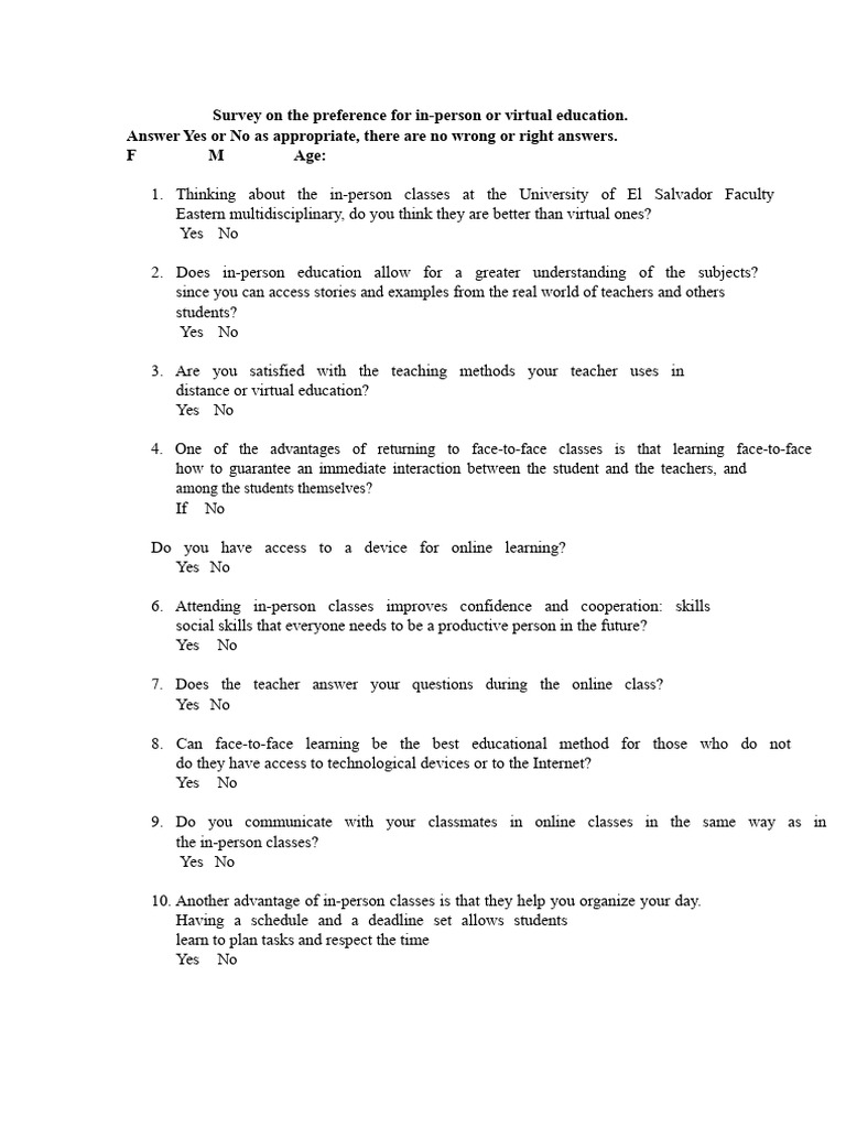 Survey On The Preference For In-Person or Virtual Education | PDF