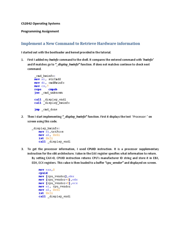 Implement A New Command To Retrieve Hardware Information: CS2042 Operating Systems Programming ...