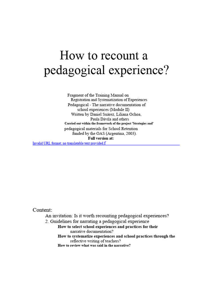Narrating Pedagogical Experiences Guide | PDF | Experience | Narrative