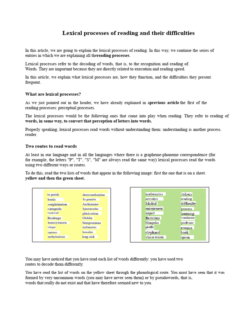 Lexical Processes of Reading and Their Difficulties | PDF | Semantics ...