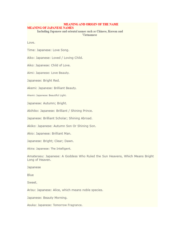 Meaning and Origin of The Name (JAPANESE) | PDF