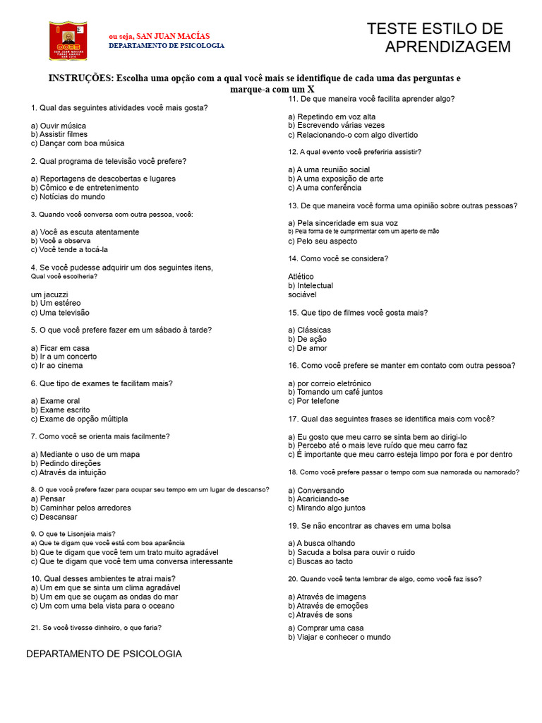 Teste De Estilos De Aprendizagem Pnl Pdf Estilos De Aprendizagem
