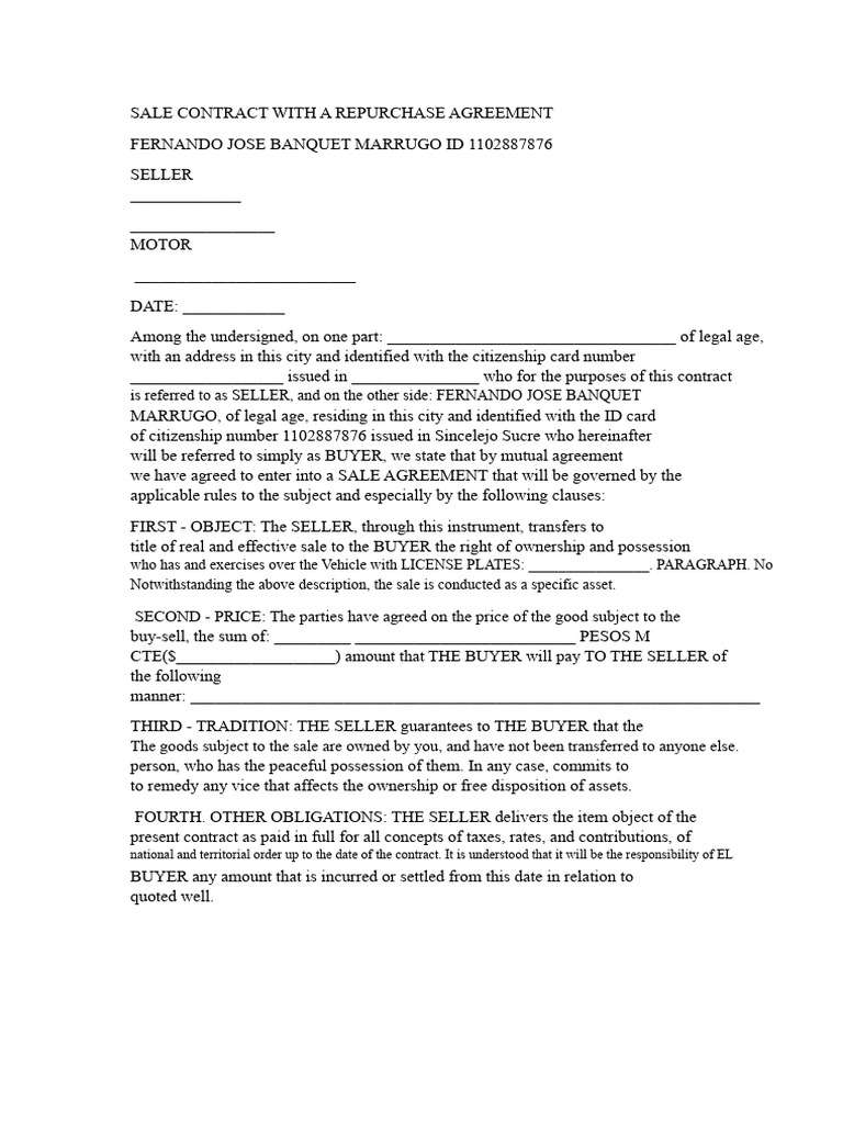 Sale Contract With Buy-Back Agreement | PDF | Repurchase Agreement | Sales