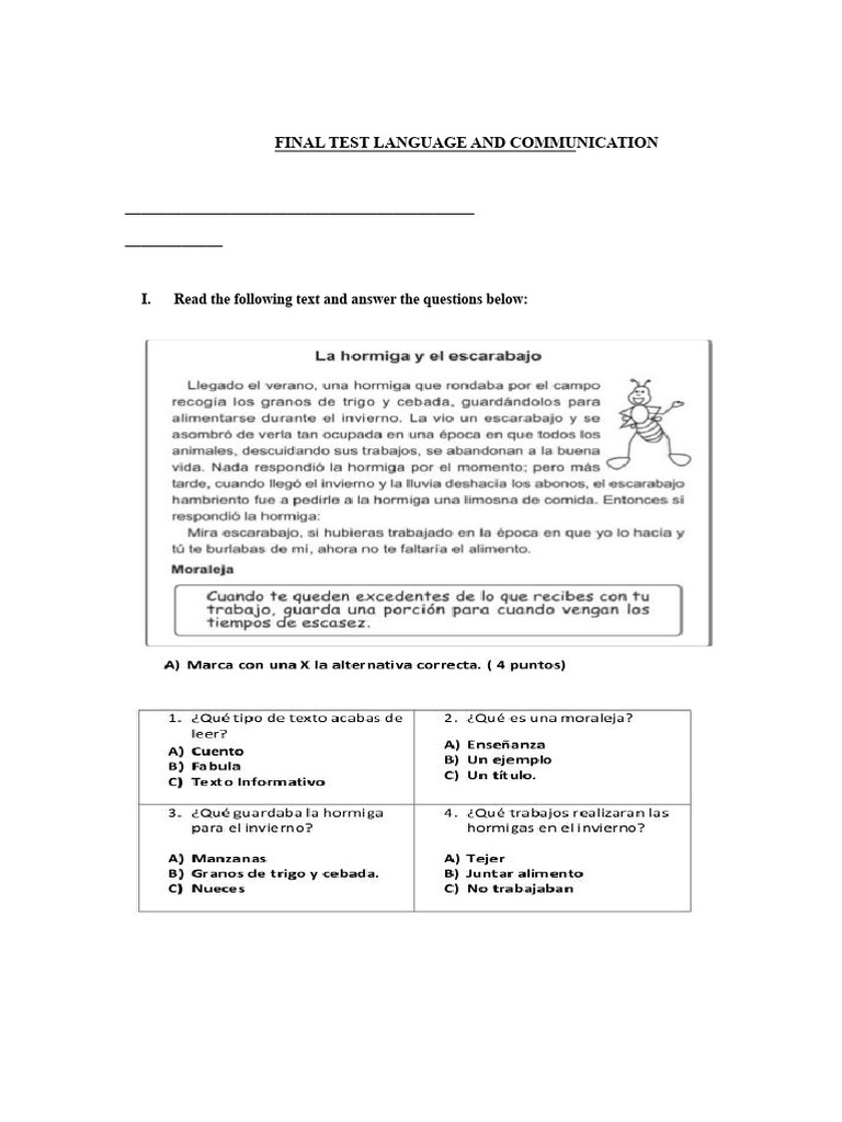 Final Test Language and Communication 3rd Grade | PDF