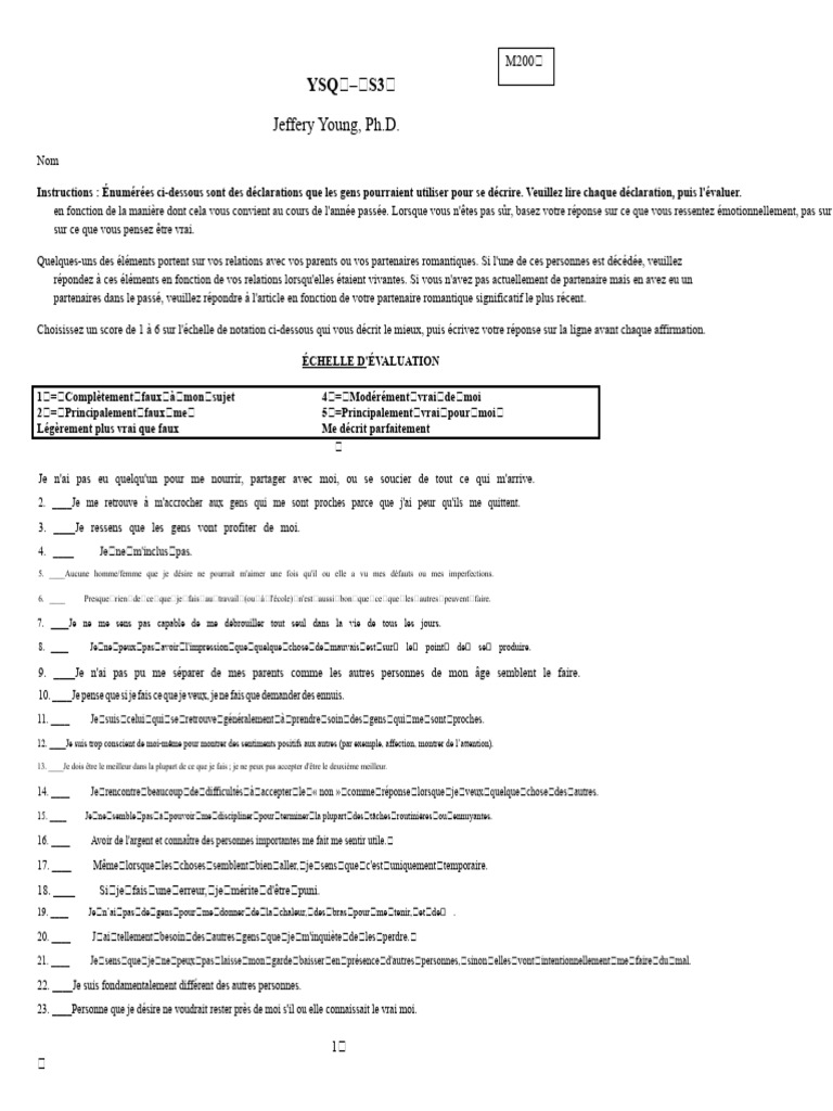 Évaluation YSQ-S3 : Auto-perception | PDF