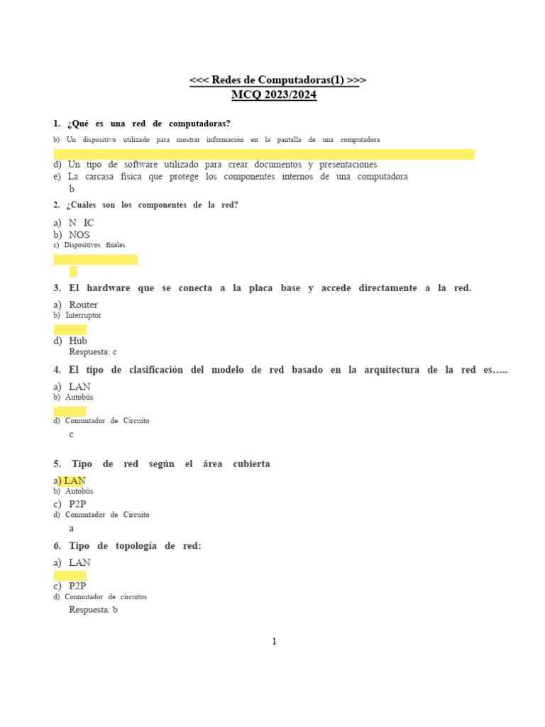 Redes de Computadoras 1 MCQ CCE 23 24 | PDF | Red de computadoras ...