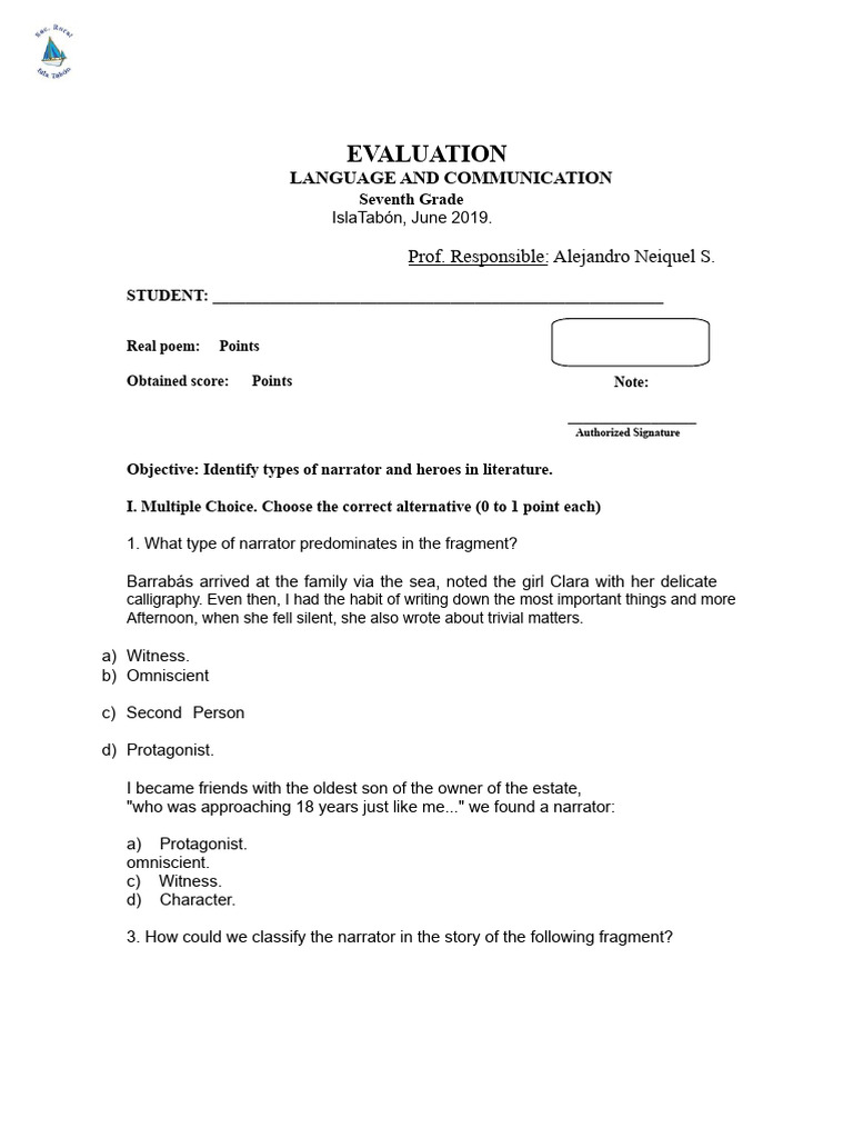Types of Narrators in Literature Quiz | PDF | Narration