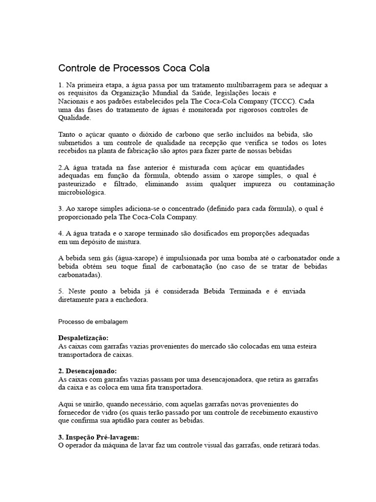 Controle de Processos da Coca-Cola | PDF | Coca Cola | Qualidade (negócios)