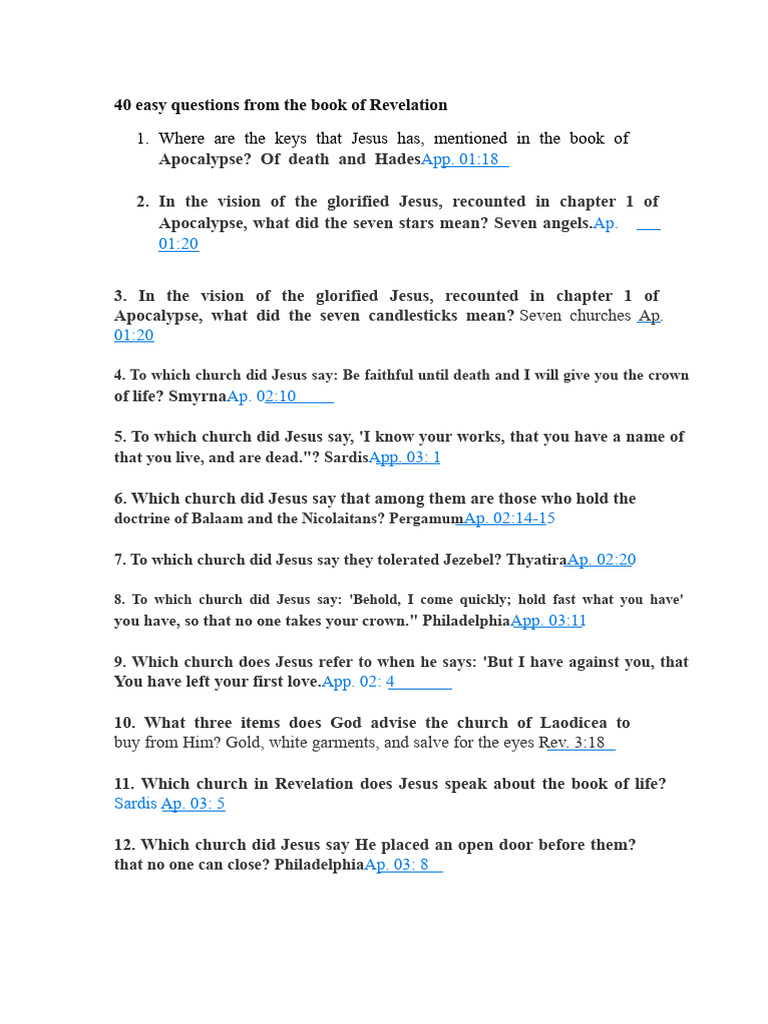 40 Easy Questions From The Book of Revelation | PDF | Book Of ...