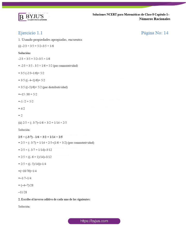 Ncert Soluciones para Clase 8 Matemáticas Mayo22 Capítulo 1 Números Racionales Ejercicio 1 1 ...