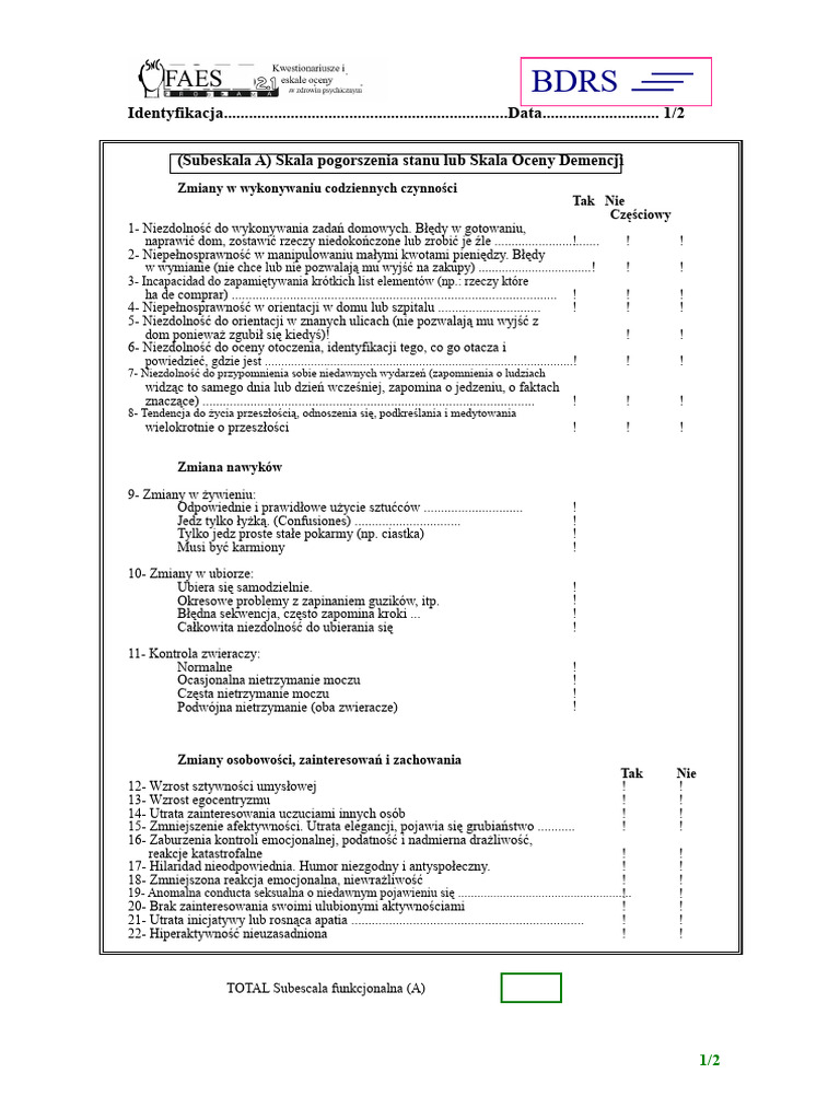 Test - Bdrs - Skala Demencji Blessed | PDF