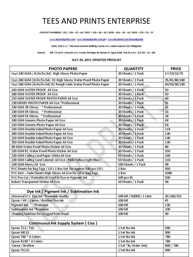 Tees and Prints Price List 2023 | PDF | Printer (Computing) | Graphic ...