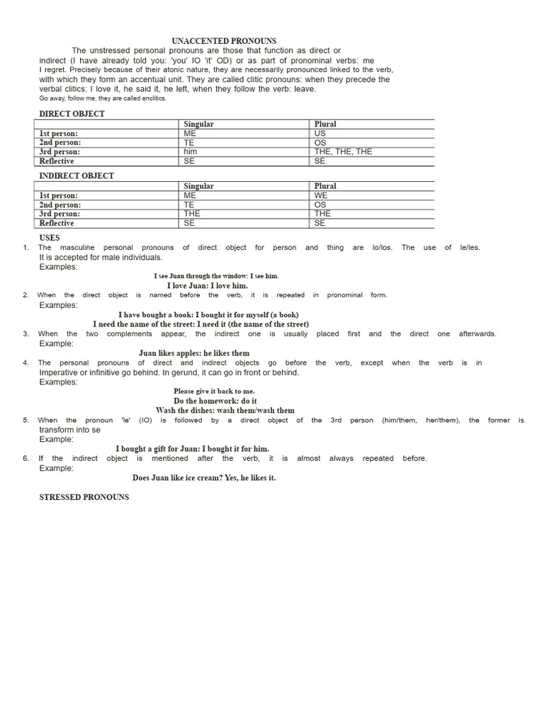 Tonic and Atonic Pronouns | PDF | Syntactic Relationships | Language ...