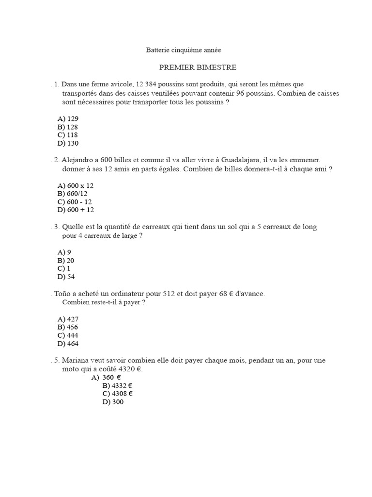 Problèmes mathématiques 5e année | PDF | Mathématiques