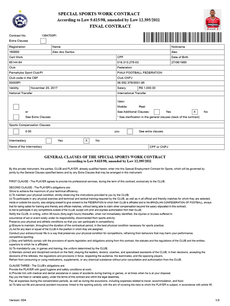 Contract Model For Football Player | PDF | Labour Law | Salary