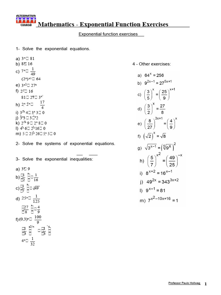 Exponential Function Practice Exercises | PDF | Function (Mathematics ...