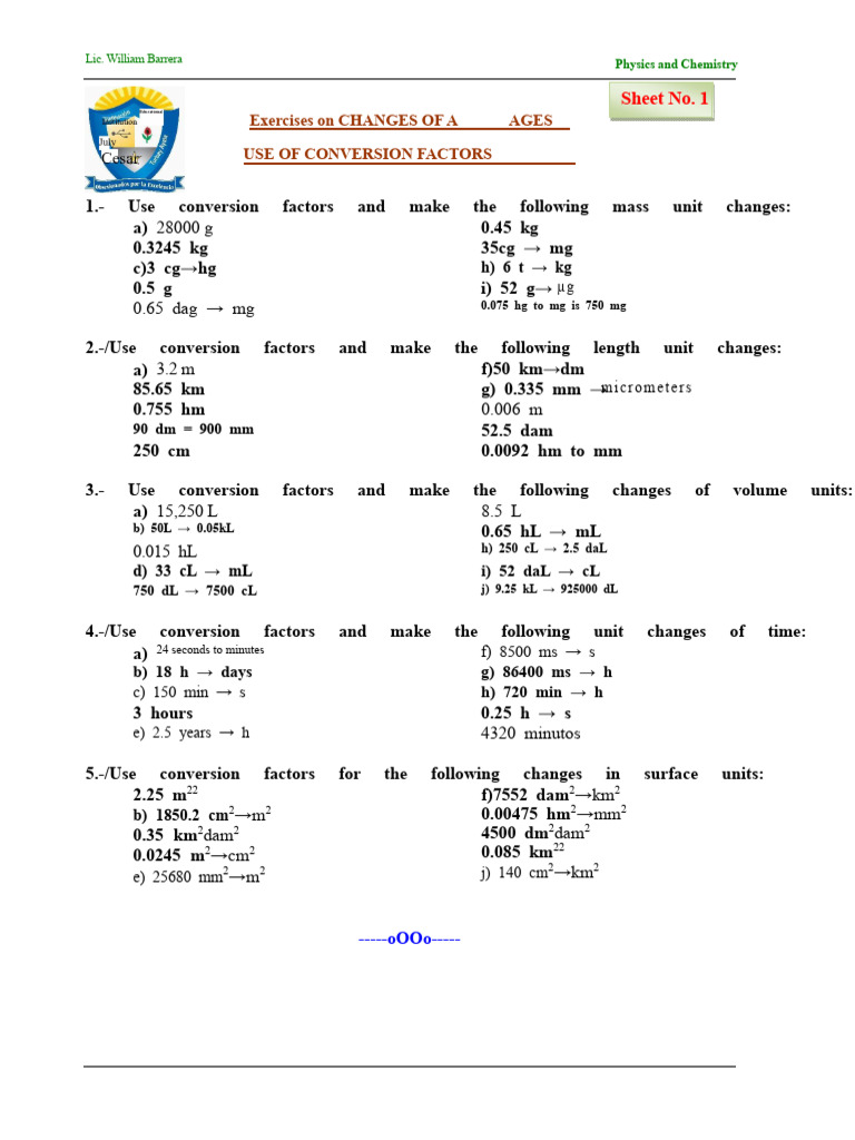 Exercises On Changes of Chemical Units Final | PDF | Volume | Geometric Measurement