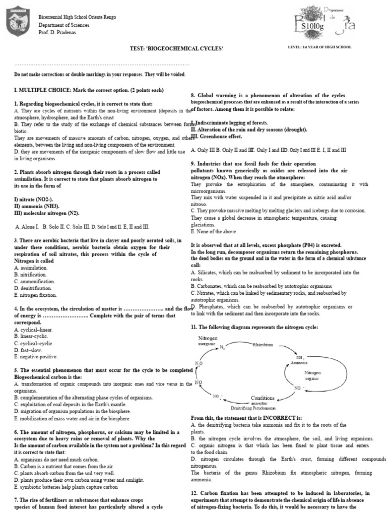Biogeochemical Cycles Test | PDF | Ecosystem | Soil
