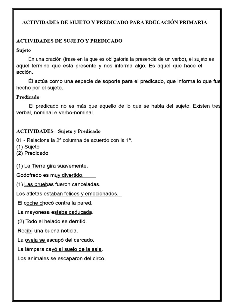 Actividades de Sujeto y Predicado para La Educación Primaria | PDF ...