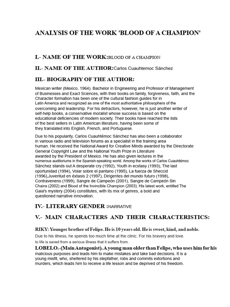 Analysis of The Work Blood of A Champion | PDF