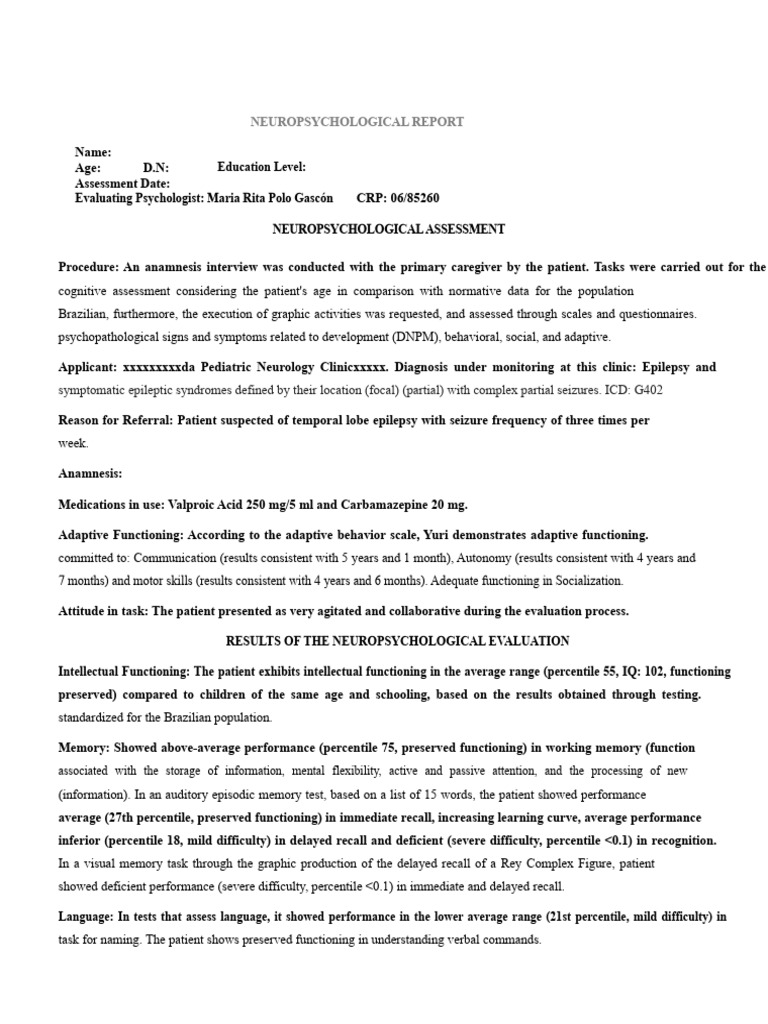 Neuropsychological Report Template | PDF | Neuropsychological ...
