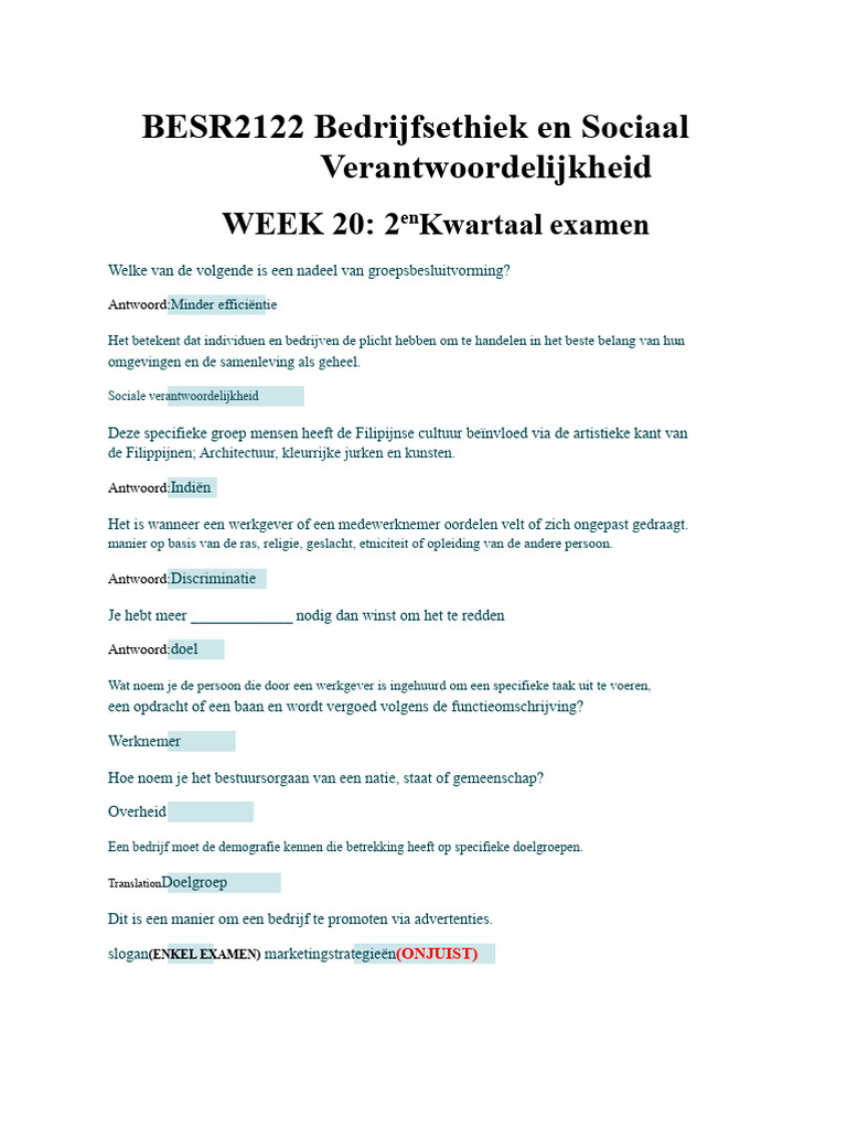BESR2122 Bedrijfsethiek 2e Kwartaal Examen WEEK 20 | PDF