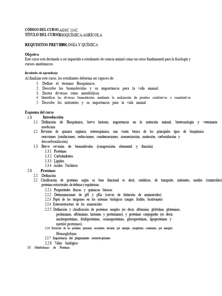 Agsc 1142 Bioquímica Agrícola Palabana | PDF | Metabolismo | Proteínas