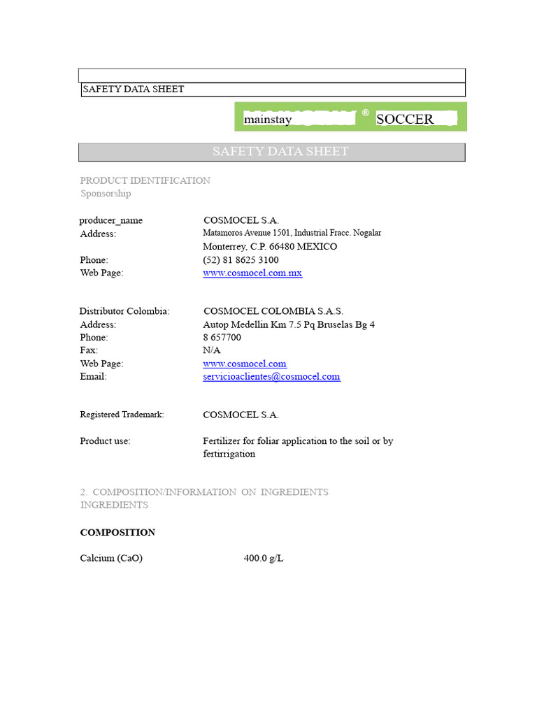 Mainstay Calcium Safety Data Sheet | PDF | Water | Smoke
