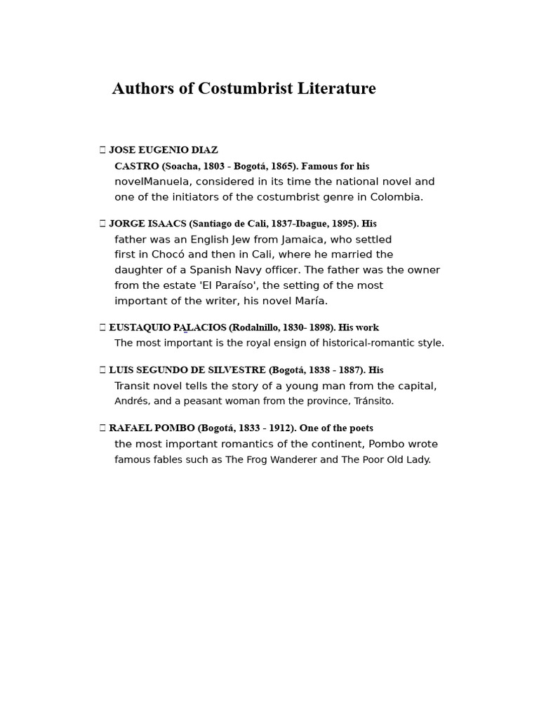 Authors of Costumbrista Literature | PDF