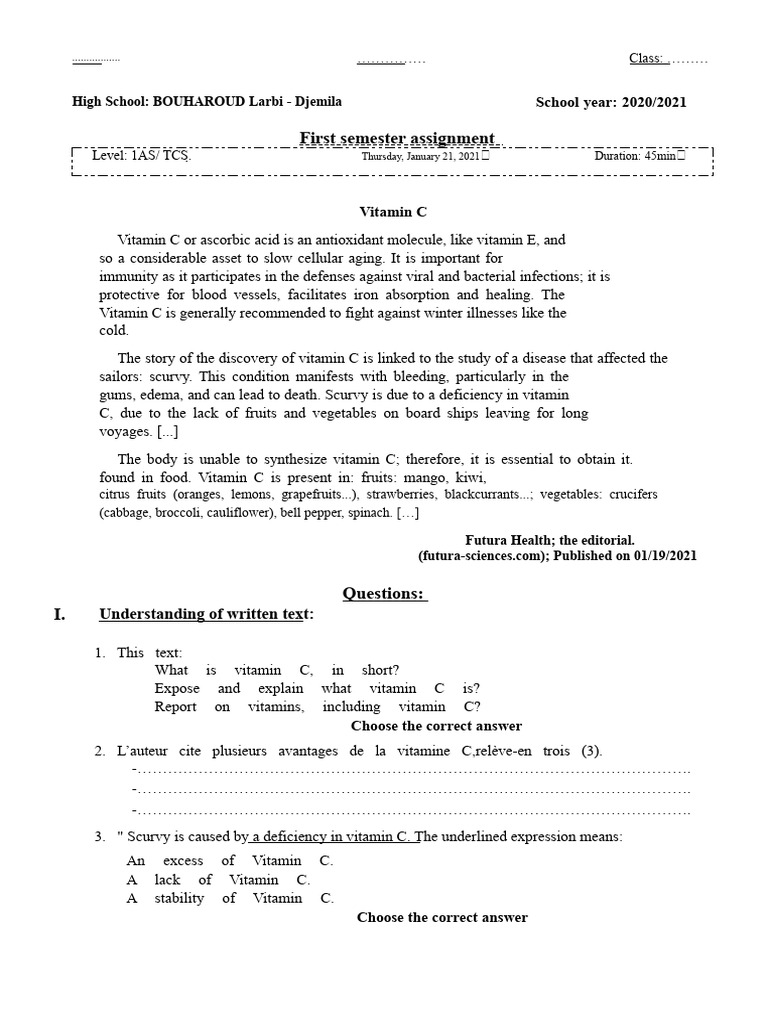 First Semester Assignment (1as) | PDF | Vitamin C | Vitamin