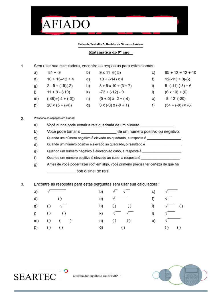 Grade-9-Matemática-Inteiros-Ficha de Revisão-2 | PDF | Aritmética ...