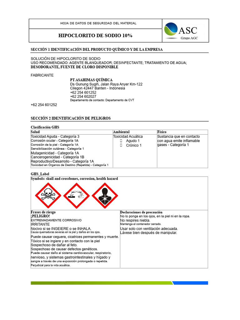 Hoja de Seguridad Hipoclorito Sodio 10% | PDF | Residuos | Agua