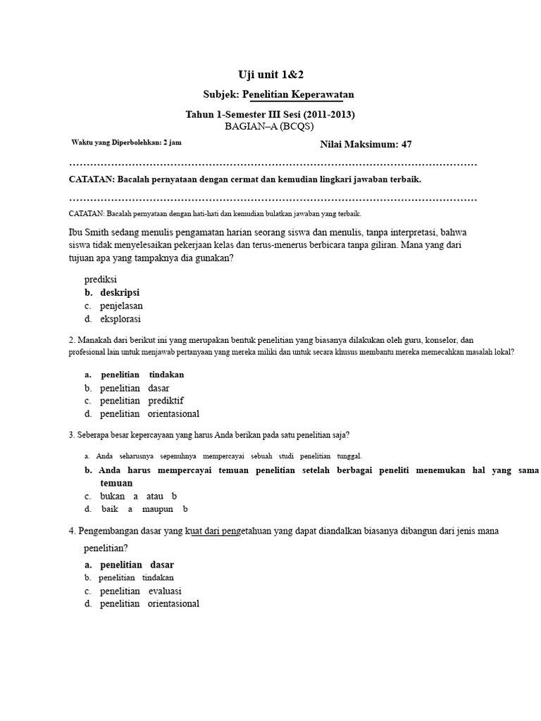 Tes Penelitian Keperawatan Unit 1 & 2 Akhir | PDF