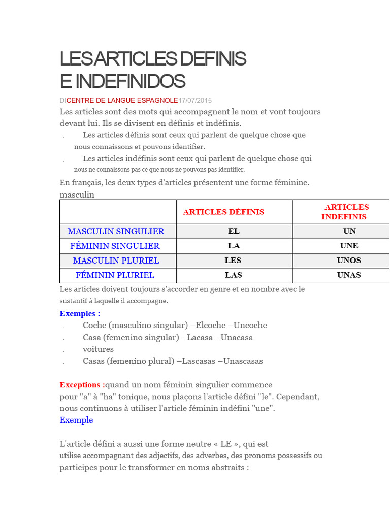 LES ARTICLES DÉFINIS ET INDÉFINIS Exercices Et Théorie | PDF | Nom ...