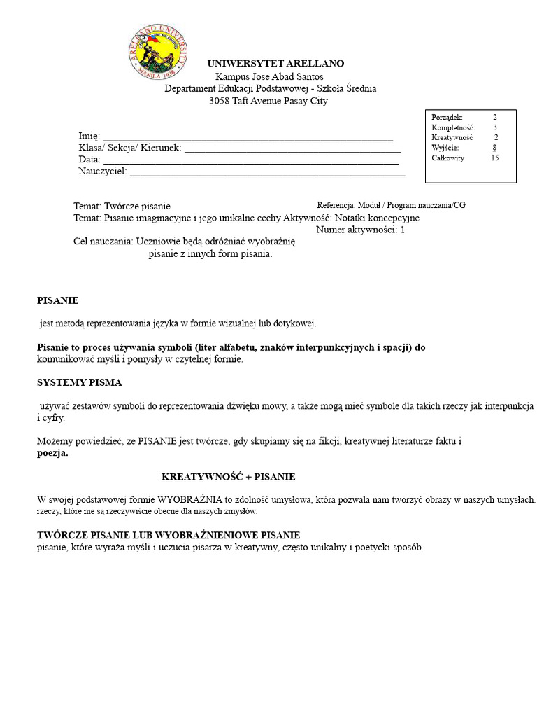 Twórcze Pisanie (I Semestr) | PDF