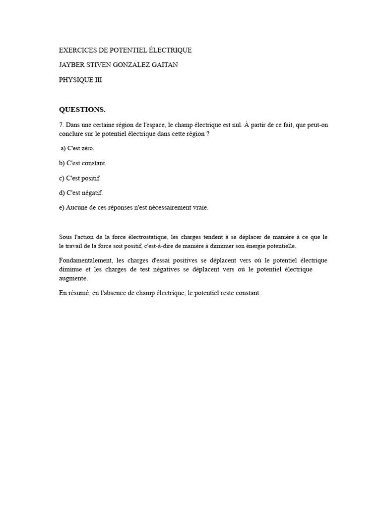 Exercices sur le potentiel électrique | PDF | Électricité | Champ ...