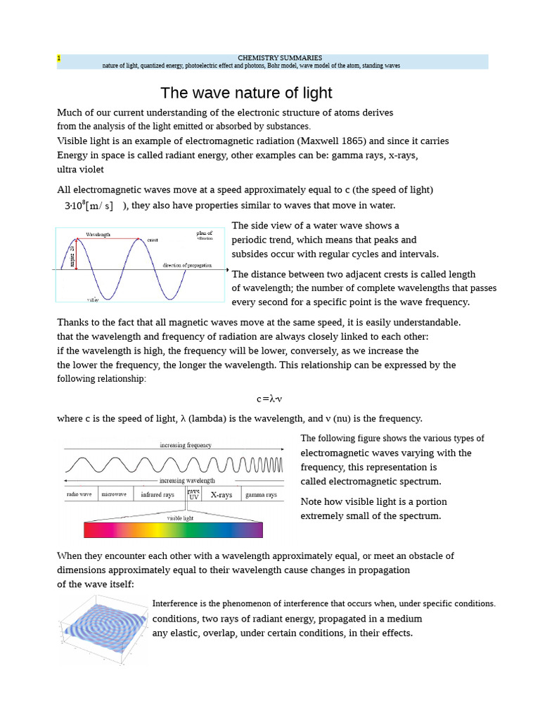 SUMMARIES CHEMISTRY - Nature of Light, Quantized Energy, Photoelectric ...