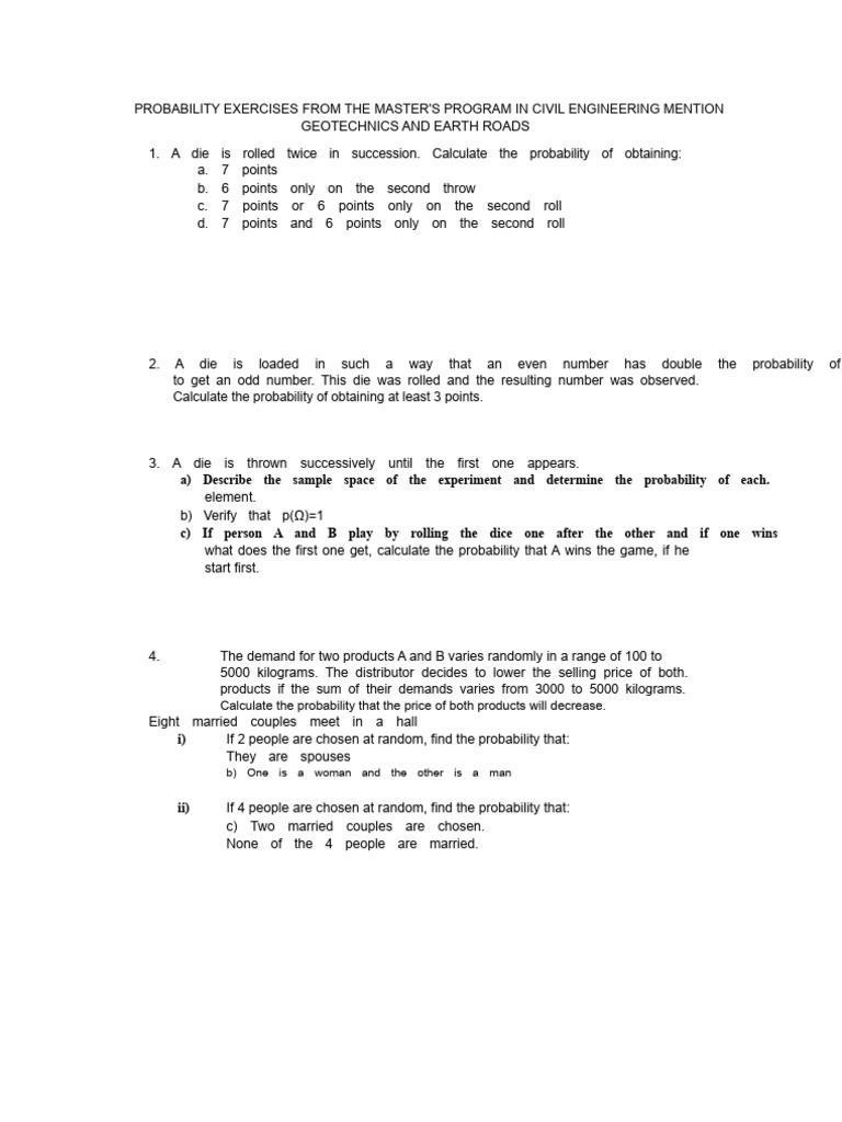 Probability Exercises for Civil Engineering | PDF | Probability ...