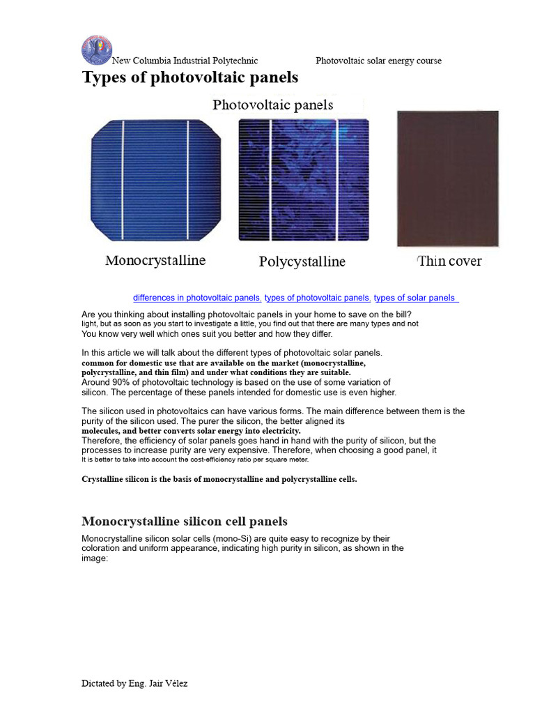 2.1.types of Photovoltaic Panels | PDF | Photovoltaics | Thin Film ...