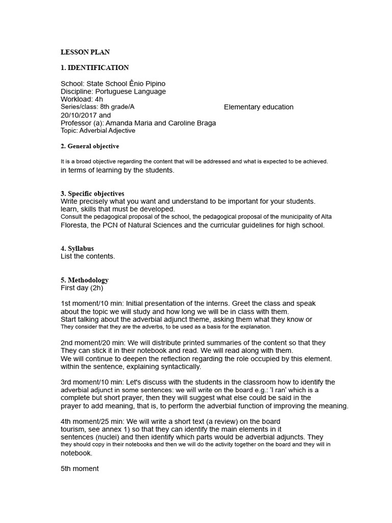 Lesson Plan 8th Grade Elementary Education | PDF | Adverb | Syntax