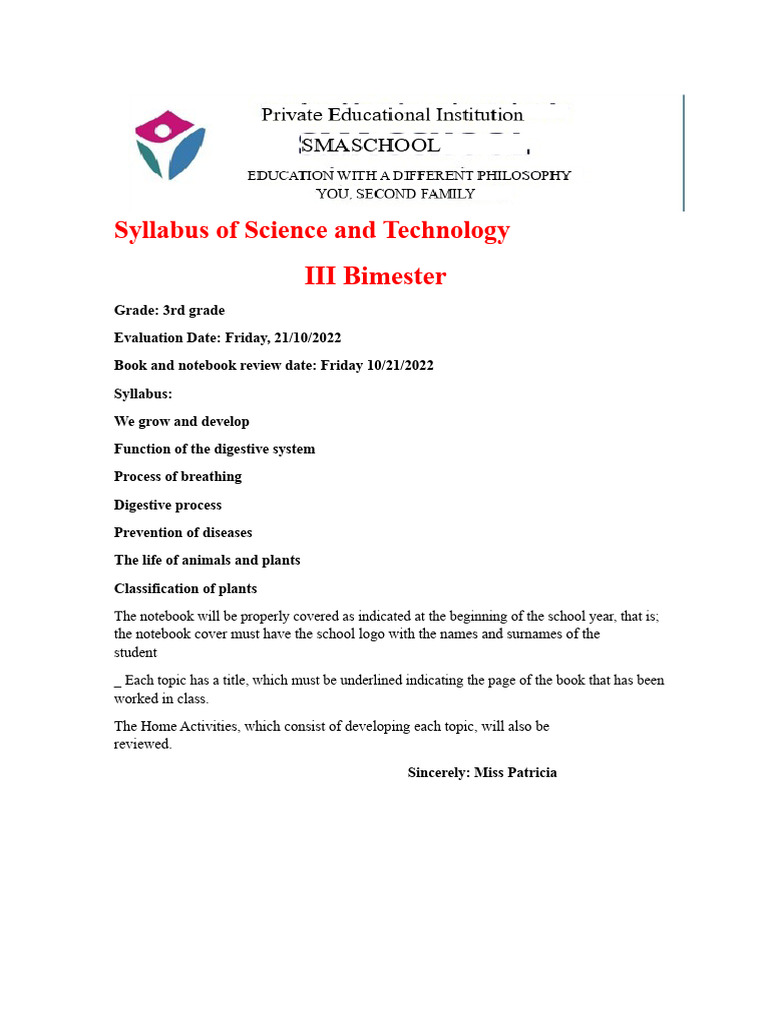 Syllabus of Science and Technology 3rd Grade 3rd Term | PDF